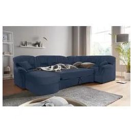 Wohnlandschaft DOMO collection "Bahia U-Form" Sofas Gr. B/H/T: 308cm x 91cm x 200cm, Struktur, Recamiere links, mit Bettfunktion, blau (dunkelblau) wahlweise mit Bettfunktion