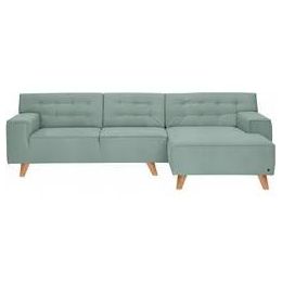 Ecksofa Tom Tailor HOME "NORDIC CHIC" Sofas Gr. B/H/T: 266cm x 77cm x 151cm, Samtstoff STC, Recamiere rechts, grün (celadon stc 3) mit Recamiere, im Retrolook, Füße Buche natur