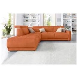 Ecksofa DOMO collection "Ava L-Form", orange (terrakotta), B:266cm H:84cm T:99cm, Kunstleder SOFTLUX, Struktur fein (100% Polyester), Zierkissen: Microfaser PRIMABELLE (100% Polyester), Struktur (100% Polyester), Microfaser PRIMABELLE (100% Polyester), Sofas, mit Ottomane, Federkern wahlweise mit Kopfteilverstellungen