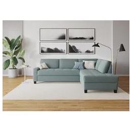 Ecksofa DOMO collection "Florentina L-Form" Sofas Gr. B/H/T: 243cm x 84cm x 209cm, Webstoff, Ottomane rechts, Ohne Bettfunktion, blau (eisblau) wahlweise mit Bettfunktion, Kontrastnaht