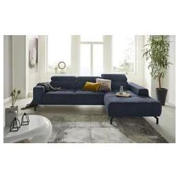 Ecksofa DOMO collection "Cunelli L-Form" Sofas Gr. B/H/T: 292cm x 79cm x 175cm, Struktur grob, Recamiere rechts, Mit Kopfteilverstellung, blau (dunkelblau) wahlweise inklusive 6-fach verstellbarer Kopfteilverstellung