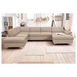 Wohnlandschaft DOMO collection "Santana U-Form" Sofas Gr. B/H/T: 352cm x 79cm x 90cm, Microfaser PRIMABELLE, Recamiere rechts, ohne Bettfunktion-ohne Federkern, beige wahlweise mit Bettfunktion