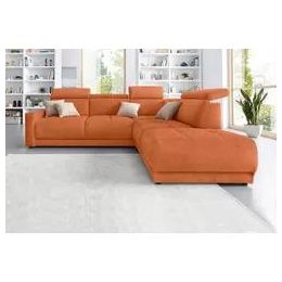 Ecksofa DOMO collection "Ava L-Form", orange (terrakotta), B:266cm H:84cm T:99cm, Kunstleder SOFTLUX, Struktur fein (100% Polyester), Zierkissen: Microfaser PRIMABELLE (100% Polyester), Struktur (100% Polyester), Microfaser PRIMABELLE (100% Polyester), Sofas, mit Ottomane, Federkern wahlweise mit Kopfteilverstellungen