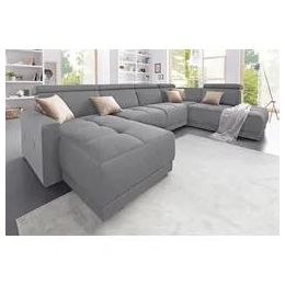 Wohnlandschaft DOMO collection "Ava U-Form" Sofas Gr. B/H/T: 351cm x 84cm x 222cm, Struktur fein, Ottomane rechts, mit Kopfteilverstellung (Gesamtbreite 351cm), grau mit Federkern, wahlweise Kopfteilverstellungen