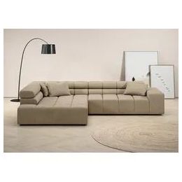 Ecksofa Inosign "Ancona incl. Kopfteilverstellung, Zierkissen Breite 319cm, L-Form" Sofas Gr. B/H/T: 319cm x 70cm x 215cm, Feincord, Recamiere links, mit Sitztiefenverstellung, beige (sand) wahlweise motorische Sitztiefenverstellung, auch in Cord + Easy Care Bestseller