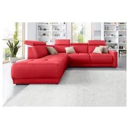 Ecksofa DOMO collection "Ava L-Form" Sofas Gr. B/H/T: 266cm x 84cm x 99cm, Kunstleder SOFTLUX, Ottomane links, mit Kopfteilverstellung, rot mit Ottomane, Federkern wahlweise Kopfteilverstellungen