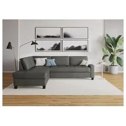 Ecksofa DOMO collection "Florentina L-Form" Sofas Gr. B/H/T: 243cm x 84cm x 209cm, Luxus-Microfaser, Ottomane links, Ohne Bettfunktion, grau (dunkelgrau) wahlweise mit Bettfunktion, Kontrastnaht