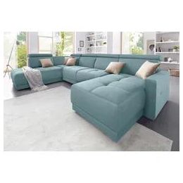 Wohnlandschaft DOMO collection "Ava U-Form" Sofas Gr. B/H/T: 351cm x 84cm x 222cm, Struktur fein, Ottomane links, ohne Kopfteilverstellung (Gesamtbreite 346cm), blau (aqua) mit Federkern, wahlweise Kopfteilverstellungen