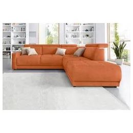 Ecksofa DOMO collection "Ava L-Form", orange (terrakotta), B:266cm H:84cm T:99cm, Kunstleder SOFTLUX, Struktur fein (100% Polyester), Zierkissen: Microfaser PRIMABELLE (100% Polyester), Struktur (100% Polyester), Microfaser PRIMABELLE (100% Polyester), Sofas, mit Ottomane, Federkern wahlweise mit Kopfteilverstellungen