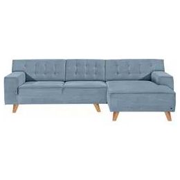 Ecksofa Tom Tailor HOME "NORDIC CHIC" Sofas Gr. B/H/T: 266cm x 77cm x 151cm, Vintage Webstoff TUS, Recamiere rechts, blau (sky blue tus 6) mit Recamiere, im Retrolook, Füße Buche natur