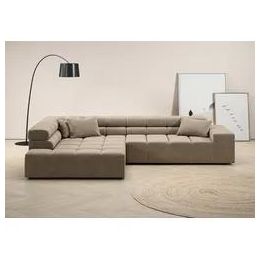 Ecksofa Inosign "Ancona incl. Kopfteilverstellung, Zierkissen Breite 319cm, L-Form" Sofas Gr. B/H/T: 319cm x 70cm x 215cm, Samtoptik, Recamiere links, ohne Sitztiefenverstellung, beige (sand) wahlweise motorische Sitztiefenverstellung, auch in Cord + Easy Care Bestseller