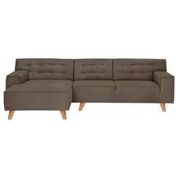 Ecksofa Tom Tailor HOME "NORDIC CHIC" Sofas Gr. B/H/T: 266cm x 77cm x 151cm, Samtstoff STC, Recamiere links, braun (wood stc 4) mit Recamiere, im Retrolook, Füße Buche natur