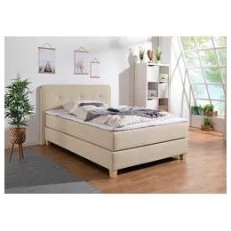 Boxspringbett Home Affaire "Fargo", beige, B:133cm L:207cm, Struktur fein (100% Polyester), Samtstoff (100% Polyester), Komplettbetten, inkl. Topper, in 3 Matratzenarten, in Samt- oder Strukturstoff