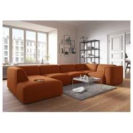 Wohnlandschaft RAUM.ID "Merid U-Form" Sofas Gr. B/H/T: 367cm x 70cm x 206cm, Struktur fein, Ottomane links, orange (terra) als Modul oder separat verwendbar, für individuelle Zusammenstellung