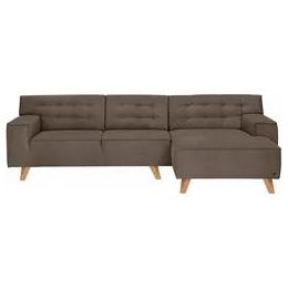 Ecksofa Tom Tailor HOME "NORDIC CHIC" Sofas Gr. B/H/T: 266cm x 77cm x 151cm, Samtstoff STC, Recamiere rechts, braun (wood stc 4) mit Recamiere, im Retrolook, Füße Buche natur