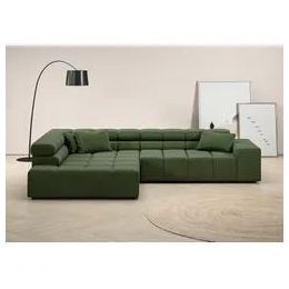 Ecksofa Inosign "Ancona incl. Kopfteilverstellung, Zierkissen Breite 319cm, L-Form" Sofas Gr. B/H/T: 319cm x 70cm x 215cm, Feincord, Recamiere links, mit Sitztiefenverstellung, grün (oliv) wahlweise motorische Sitztiefenverstellung, auch in Cord + Easy Care Bestseller