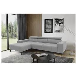 Ecksofa DOMO collection "Cunelli L-Form" Sofas Gr. B/H/T: 292 cm x 79 cm x 175 cm, Echtleder, Longchair links, Ohne Kopfteilverstellung, grau (hellgrau) wahlweise inklusive 6-fach verstellbarer Kopfteilverstellung