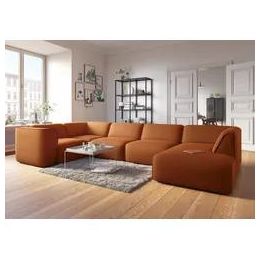 Wohnlandschaft RAUM.ID "Merid U-Form" Sofas Gr. B/H/T: 367cm x 70cm x 206cm, Struktur fein, Ottomane rechts, orange (terra) als Modul oder separat verwendbar, für individuelle Zusammenstellung