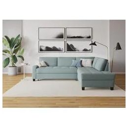 Ecksofa DOMO collection "Florentina L-Form" Sofas Gr. B/H/T: 243cm x 84cm x 209cm, Webstoff, Ottomane rechts, Mit Bettfunktion, blau (eisblau) wahlweise mit Bettfunktion, Kontrastnaht