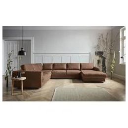 Wohnlandschaft Andas "Hobro U-Form", braun (cognac), B:348cm H:80cm T:270cm, Luxus-Microfaser Lederoptik (100% Polyester, Struktur grob (100% Polyester), Samtoptik (100% Polyester), Sofas, in 3 Bezugsqualitäten in vielen Farben, Design by Morten Georgsen