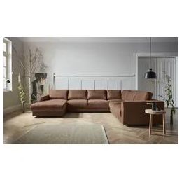 Wohnlandschaft Andas "Hobro U-Form" Sofas Gr. B/H/T: 348 cm x 80 cm x 270 cm, Luxus-Microfaser Lederoptik, Recamiere links, braun (cognac) in 3 Bezugsqualitäten vielen Farben, Design by Morten Georgsen