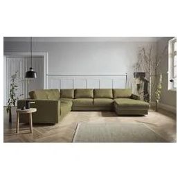 Wohnlandschaft Andas "Hobro U-Form" Sofas Gr. B/H/T: 348cm x 80cm x 270cm, Luxus-Microfaser Lederoptik, Recamiere rechts, grün (oliv) in 3 Bezugsqualitäten vielen Farben, Design by Morten Georgsen