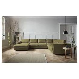 Wohnlandschaft Andas "Hobro U-Form" Sofas Gr. B/H/T: 348cm x 80cm x 270cm, Luxus-Microfaser Lederoptik, Recamiere links, grün (oliv) in 3 Bezugsqualitäten vielen Farben, Design by Morten Georgsen