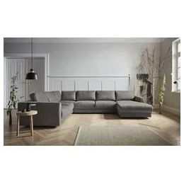 Wohnlandschaft Andas "Hobro U-Form" Sofas Gr. B/H/T: 348cm x 80cm x 270cm, Luxus-Microfaser Lederoptik, Longchair rechts, grau (dunkelgrau) in 3 Bezugsqualitäten vielen Farben, Design by Morten Georgsen