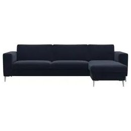 Ecksofa FLEXLUX "Fiore, super Sitzkomfort durch Kaltschaum im Sitz, L-Form" Sofas Gr. B/H/T: 262cm x 85cm x 92cm, Velvet, Chaiselongue rechts, blau (royal blau) breite Armlehnen, Füße Alu