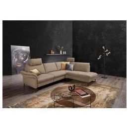 Ecksofa Places of Style "Sarsina: mit Tonnentaschen-Federkern, perfekt zum Entspannen L-Form" Sofas Gr. B/H/T: 265 cm x 85 cm x 223 cm, Flachgewebe, Ottomane rechts, beige (natur) inklusive 2 motorischen Relaxfunktionen mit Herz-Waage-Beschlag