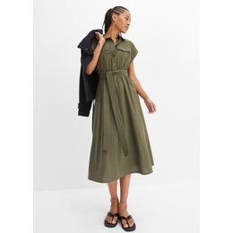 bonprix Midikleid aus reiner Baumwolle, gr&uuml;n, Gr.44, Kleid mit Bindeg&uuml;rtel, aus 100% Baumwolle