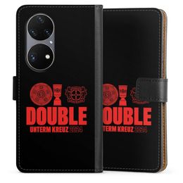 DeinDesign Handyhülle Bayer 04 Leverkusen Meister Pokal Double Sieg 2024, Huawei P50 Pro Hülle Handy Flip Case Wallet Cover Handytasche Leder, schwarz