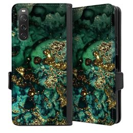 DeinDesign Handyhülle Marmor Glitzer Look Muster Cyan Glitter Marble Look, Sony Xperia 10 V Hülle Handy Flip Case Wallet Cover Handytasche Leder