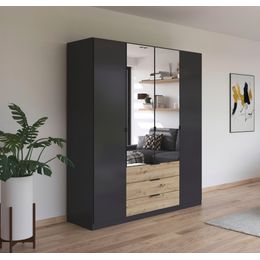 Rauch Drehtürenschrank Davoa mit farblich abgesetzten Schubkästen und Spiegel, grau, 181 cm x 210 cm x 54 cm, Graumetallic/Eiche Artisan