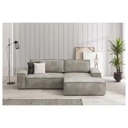 Ecksofa Home Affaire "SHERWOOD Schlafsofa 267 cm, L-Form" Sofas Gr. B/H/T: 267 cm x 85 cm x 167 cm, Vintage, Recamiere rechts, grau (hellgrau) Schlaffunktion mit Bettkasten (210x136 cm), Cord, Vintage, Samtvelours