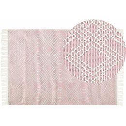 Beliani - Teppich Rosa u. Weiß aus Wolle 160 x 230 cm Rechteckig mit Fransen im Boho Stil Geometrisches Muster für Wohnzimmer Schlafzimmer