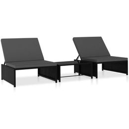 vidaXL - Sonnenliegen 2 Stk. mit Tisch Poly Rattan Schwarz