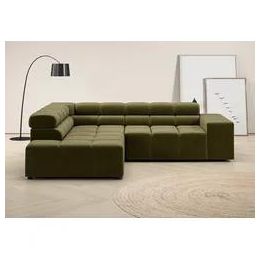 Ecksofa Inosign "Ancona, incl. Kopfteilverstellung + 3 Zierkissen L-Form" Sofas Gr. B/H/T: 249cm x 70cm x 215cm, Samtoptik, Recamiere links, ohne Sitztiefenverstellung, grün (oliv) wahlweise motorische Sitztiefenverstellung, BT(H: 24921570 cm