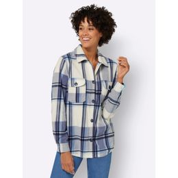 WITT Damen Fleecejacke mit Kn&ouml;pfen in Horn-Optik, champagner-taubenblau-kariert, Gr&ouml;&szlig;e 54
