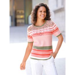 WITT Damen Kurzarmpullover mit Struktur- und Ajourmuster, grapefruit-khaki-geringelt, Größe 36