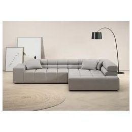 Ecksofa Inosign "Ancona incl. Kopfteilverstellung, Zierkissen Breite 319cm, L-Form" Sofas Gr. B/H/T: 319cm x 70cm x 215cm, Easy care, Recamiere rechts, ohne Sitztiefenverstellung, grau (hellgrau) wahlweise motorische Sitztiefenverstellung, auch in Cord + Easy Care