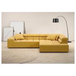 Ecksofa Inosign "Ancona incl. Kopfteilverstellung, Zierkissen Breite 319cm, L-Form" Sofas Gr. B/H/T: 319cm x 70cm x 215cm, Easy care, Recamiere rechts, ohne Sitztiefenverstellung, gelb wahlweise motorische Sitztiefenverstellung, auch in Cord + Easy Care