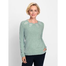 WITT Damen Langarm-Pullover mit Glitzersteinchen, kalkmint-meliert, Gr&ouml;&szlig;e 38