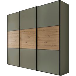 Schwebetürenschrank STAUD "Includo, Made in Germany" Schränke Gr. B/H/T: 298 cm x 222 cm x 68 cm, Classic, 3 St., grün (dekor salbei, artisan eiche) mit vier verschiedenen Ausstattungsvarianten