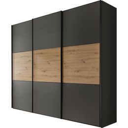 Schwebetürenschrank STAUD "Includo, Made in Germany" Schränke Gr. B/H/T: 249 cm x 222 cm x 68 cm, Basic, 3 St., grau (dekor vulkan, artisan eiche) mit vier verschiedenen Ausstattungsvarianten