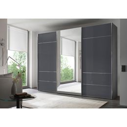 Schwebetürenschrank STAUD "Sonate Lucca mit Spiegel, Made in Germany" Schränke Gr. B/H/T: 280 cm x 240 cm x 68 cm, Premium, 3 St., grau (vulkanglas) Mit vier verschiedenen Ausstattungsvarianten