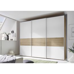 Schwebetürenschrank STAUD "Sinfonie Plus, edles Design in hochwertiger Qualität, Made Germany" Schränke Gr. B/H/T: 280 cm x 240 cm x 68 cm, Comfort, 3 St., braun (weiß dekor, sonoma eiche dekor) Mit vier verschiedenen Ausstattungsvarianten