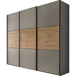 Schwebetürenschrank STAUD "Includo, Made in Germany" Schränke Gr. B/H/T: 249 cm x 222 cm x 68 cm, Premium, 3 St., blau (dekor saphir, artisan eiche) mit vier verschiedenen Ausstattungsvarianten