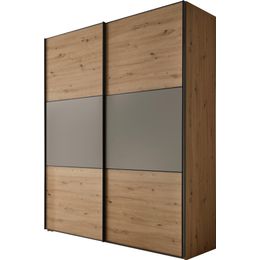 Schwebetürenschrank STAUD "Includo, Made in Germany" Schränke Gr. B/H/T: 200 cm x 222 cm x 68 cm, Basic, 2 St., blau (dekor artisan eiche, saphir) Mit vier verschiedenen Ausstattungsvarianten