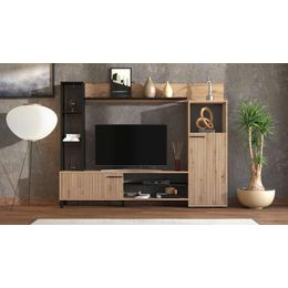 Wohnwand Inosign "Retimno, inkl. Highboard, TV-Board, Standregal und Wandregal" Kastenmöbel-Sets Gr. B/H/T: 207,5 cm x 157,5 cm x 33 cm, braun (artisan eiche stripes) 208 cm, Trendfarben, mit dekorativen schwarzen Streifen, TV bis 58'